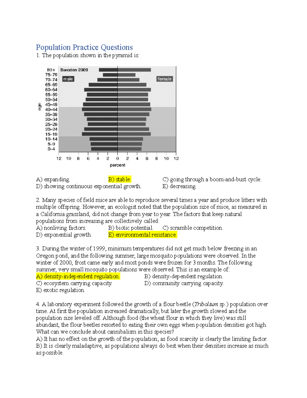 Bio- population activities - Population Practice Questions 1. The ...