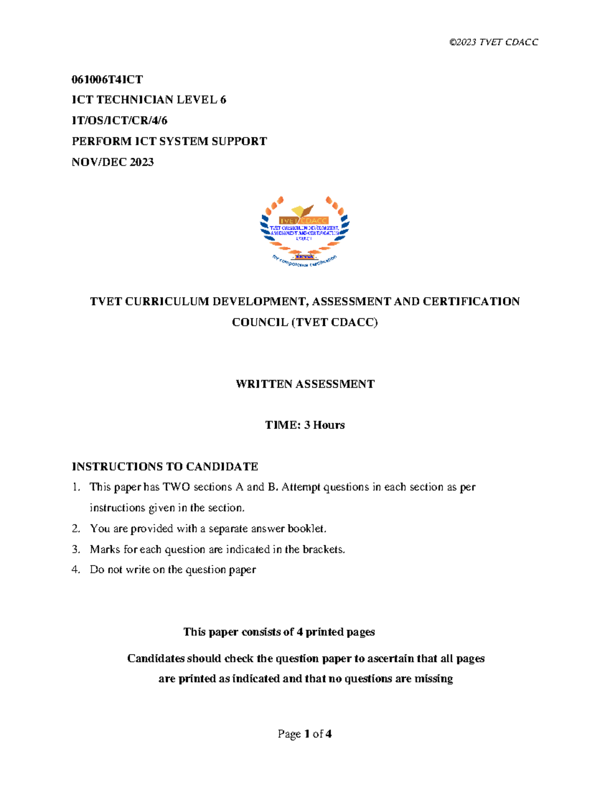 Level 6 ICT Support Assessment - IT/OS/ICT/CR/4 - Nov/Dec 2023 - Studocu