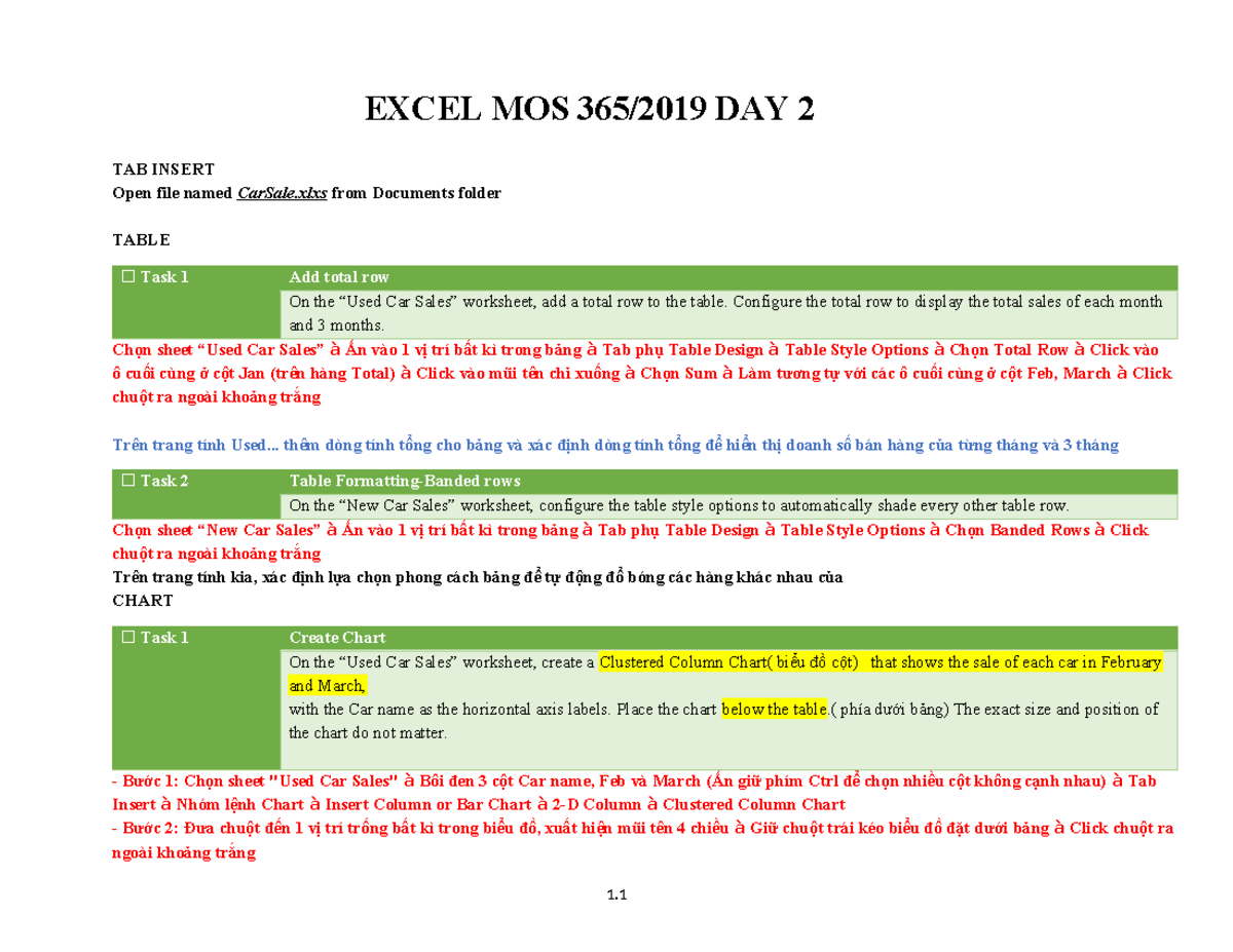 Hướng Dẫn Sử Dụng Excel MOS 365/2019 - Ngày 2 - Studocu