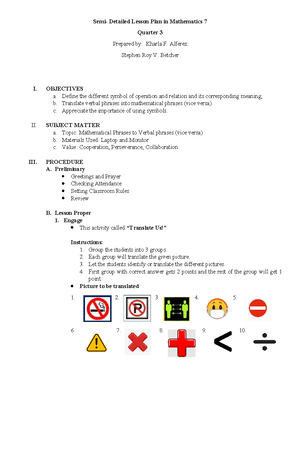 Algebraic expression - a detailed lesson plan - Semi- Detailed Lesson ...