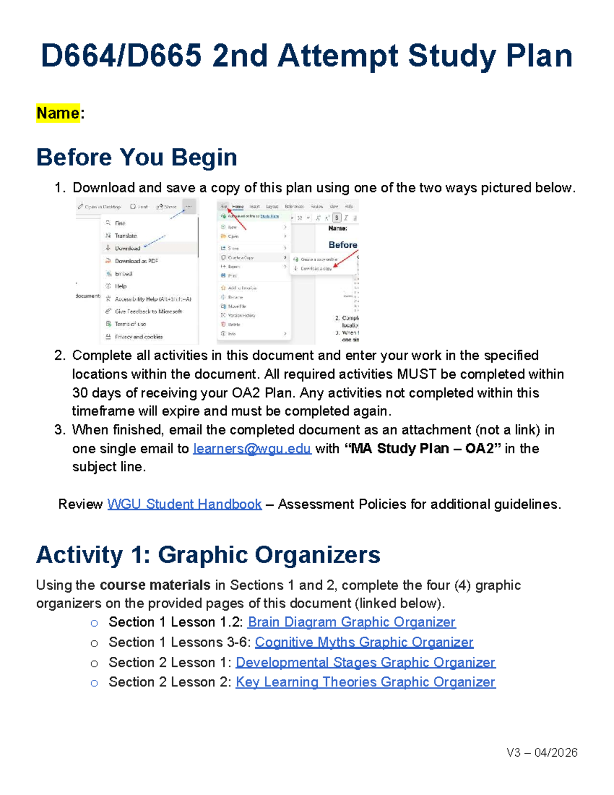 D664OA 2nd Attempt Study Plan: Learning Tools & Activities - Studocu