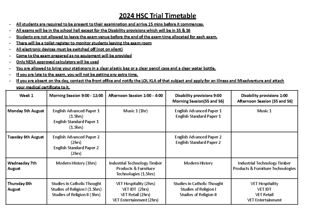 2024 HSC Trial Exam Timetable: Important Dates and Guidelines - Studocu