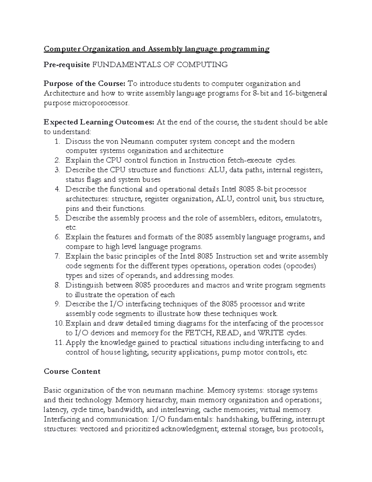 Computer Organization & Assembly Language Programming Course Outline - Studocu