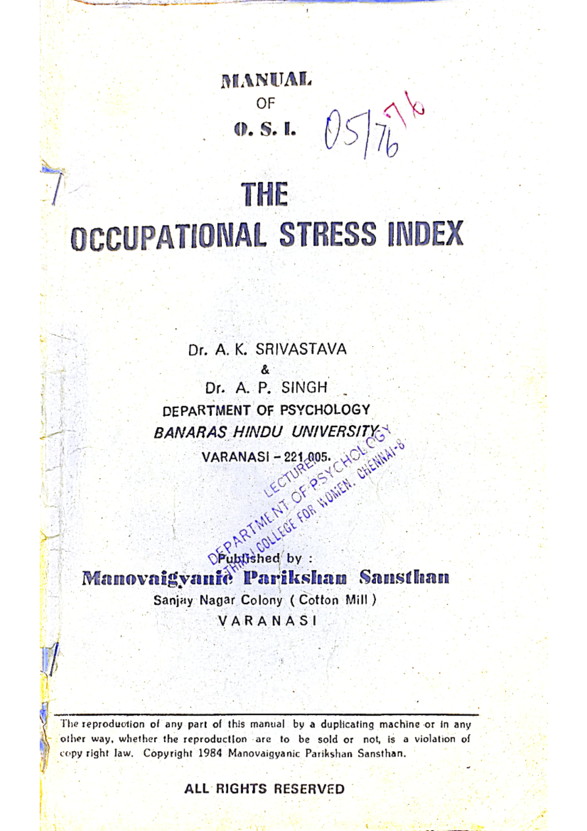 OSI Manual: Occupational Stress Index Assessment Guide - Studocu