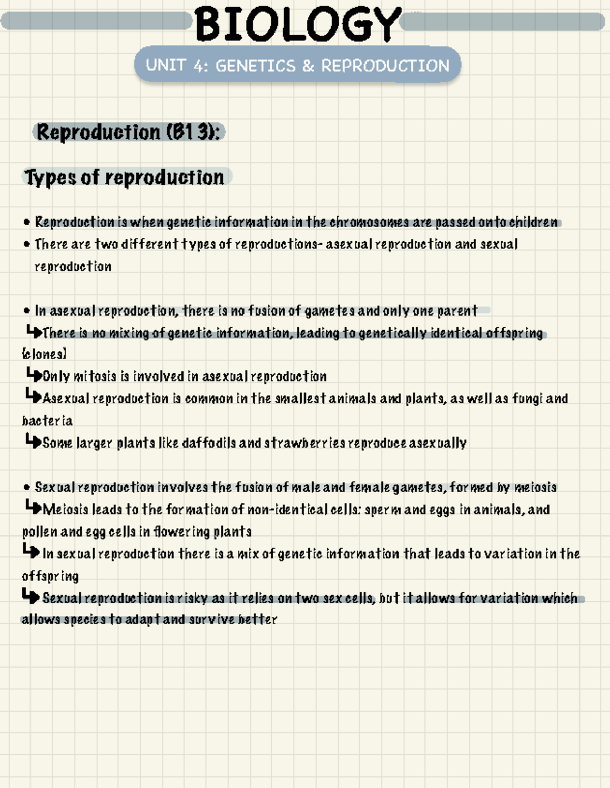 111 - WORKSHEET - BIOLOGY UNIT 4: GENETICS & REPRODUCTION Reproduction ...