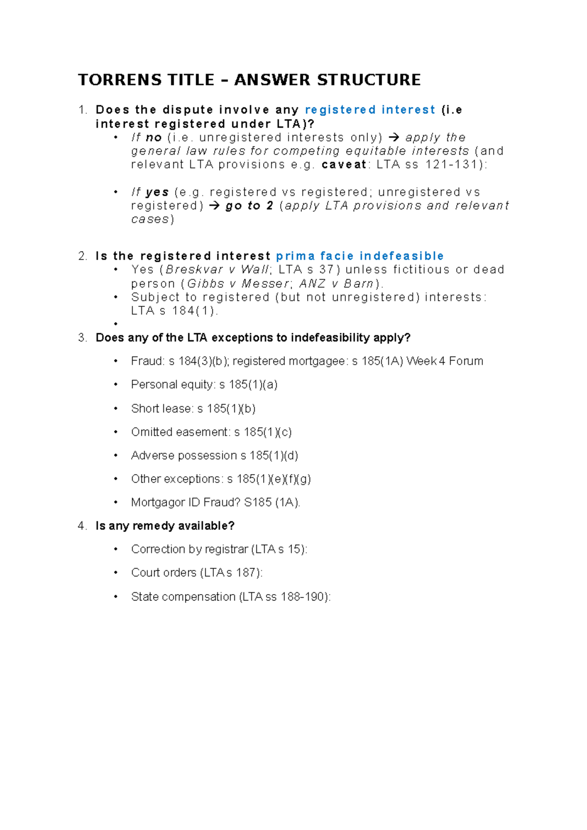 Torrens Title LTA Answer Structure Guide - Studocu