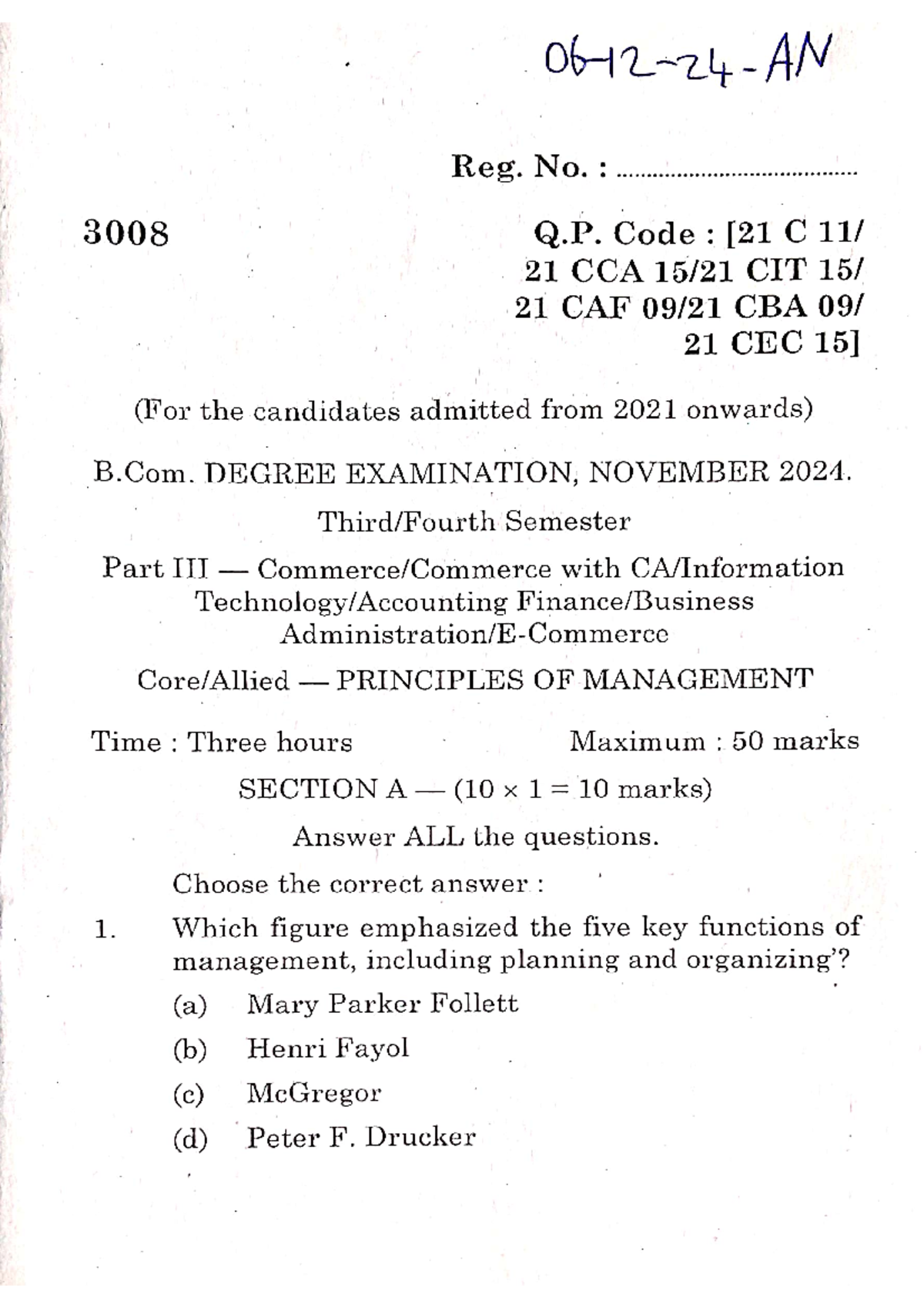 B.Com. DEGREE EXAMINATION, NOV 2024 - Principles of Management (C 21 ...