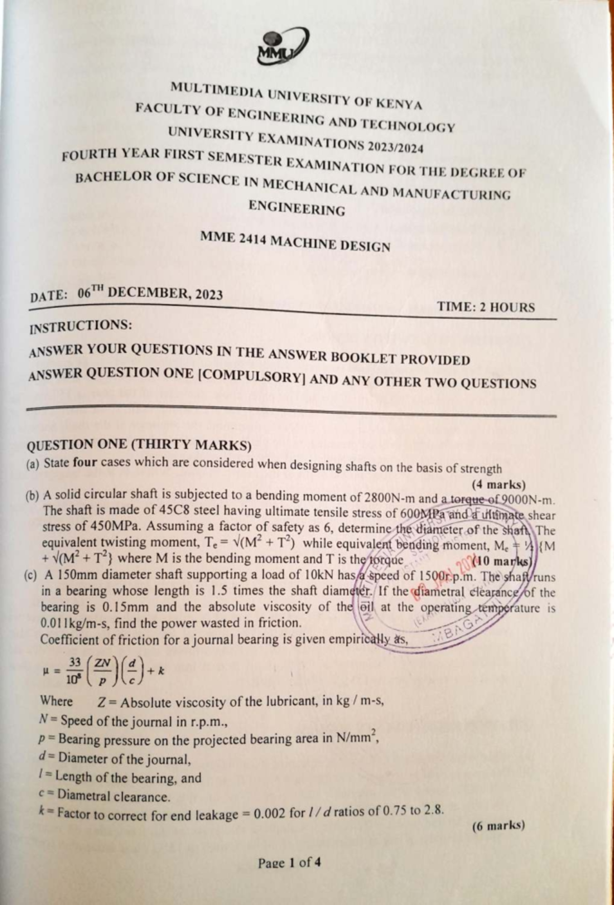 MME 2414 Machine Design Final Exam Notes - December 2023 - Studocu