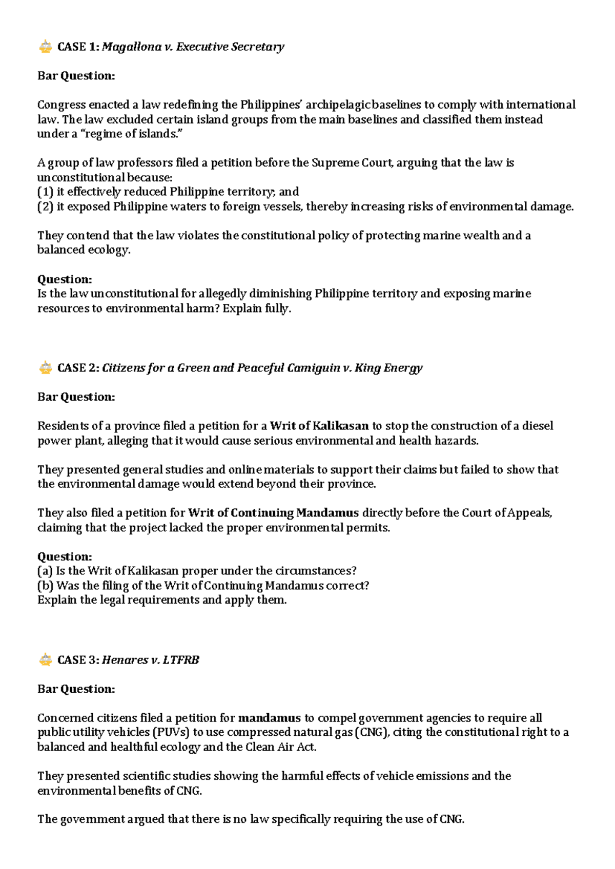 Bar Exam Cases: Environmental Law and Constitutional Issues - Studocu