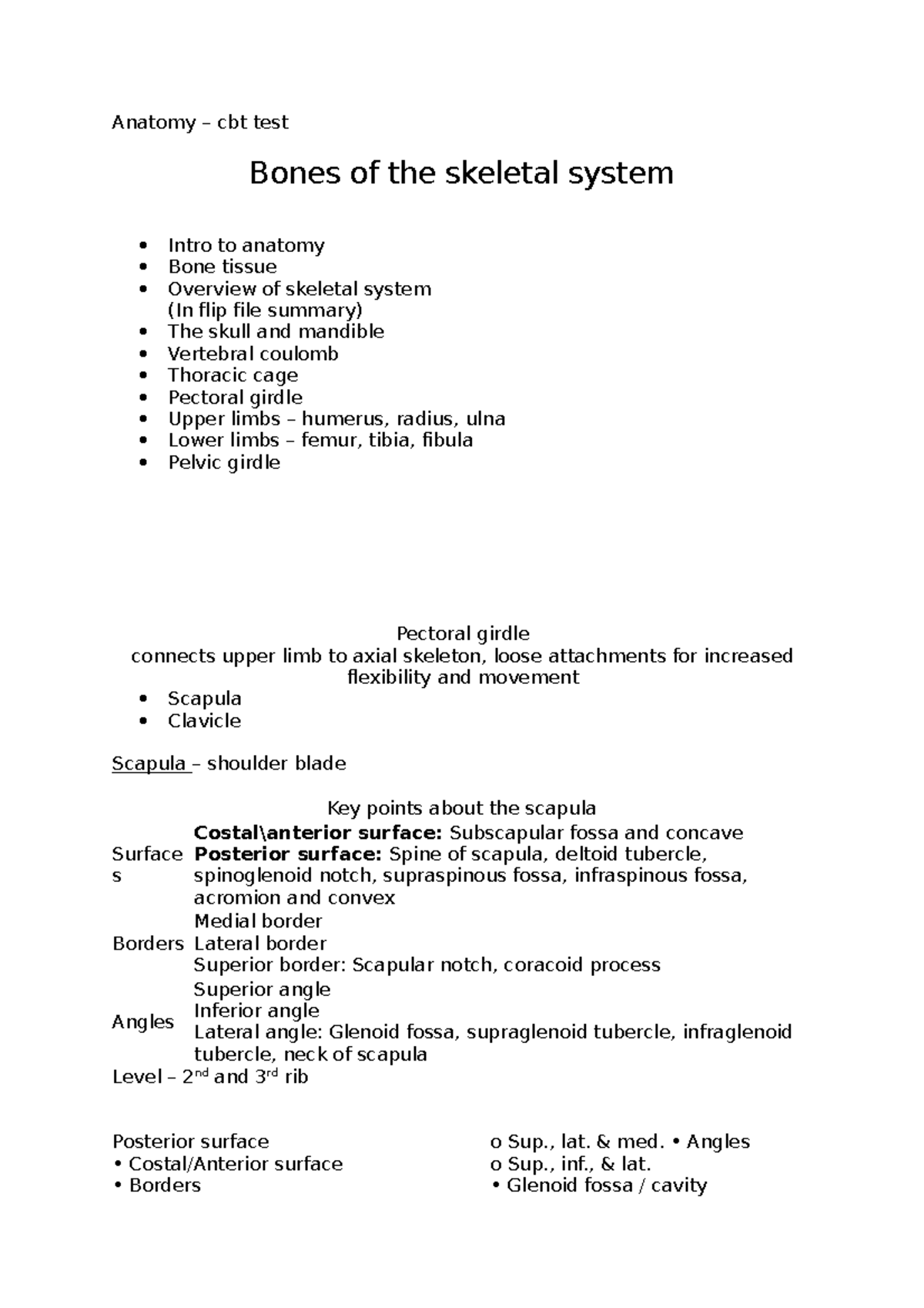 Anatomy - Skeletal System Overview and Key Points for CBT Test - Studocu