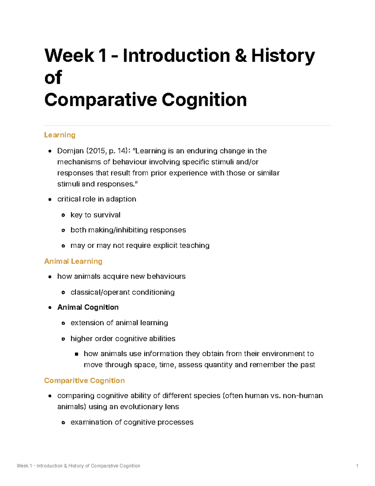 Week 1 - Intro to Comparative Cognition: Key Concepts & Theories - Studocu