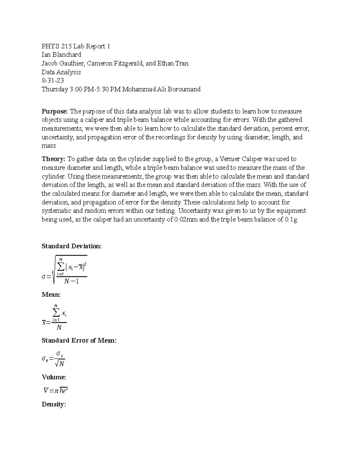 PHYS 215 Lab Report 1: Data Analysis and Error Calculation - Studocu