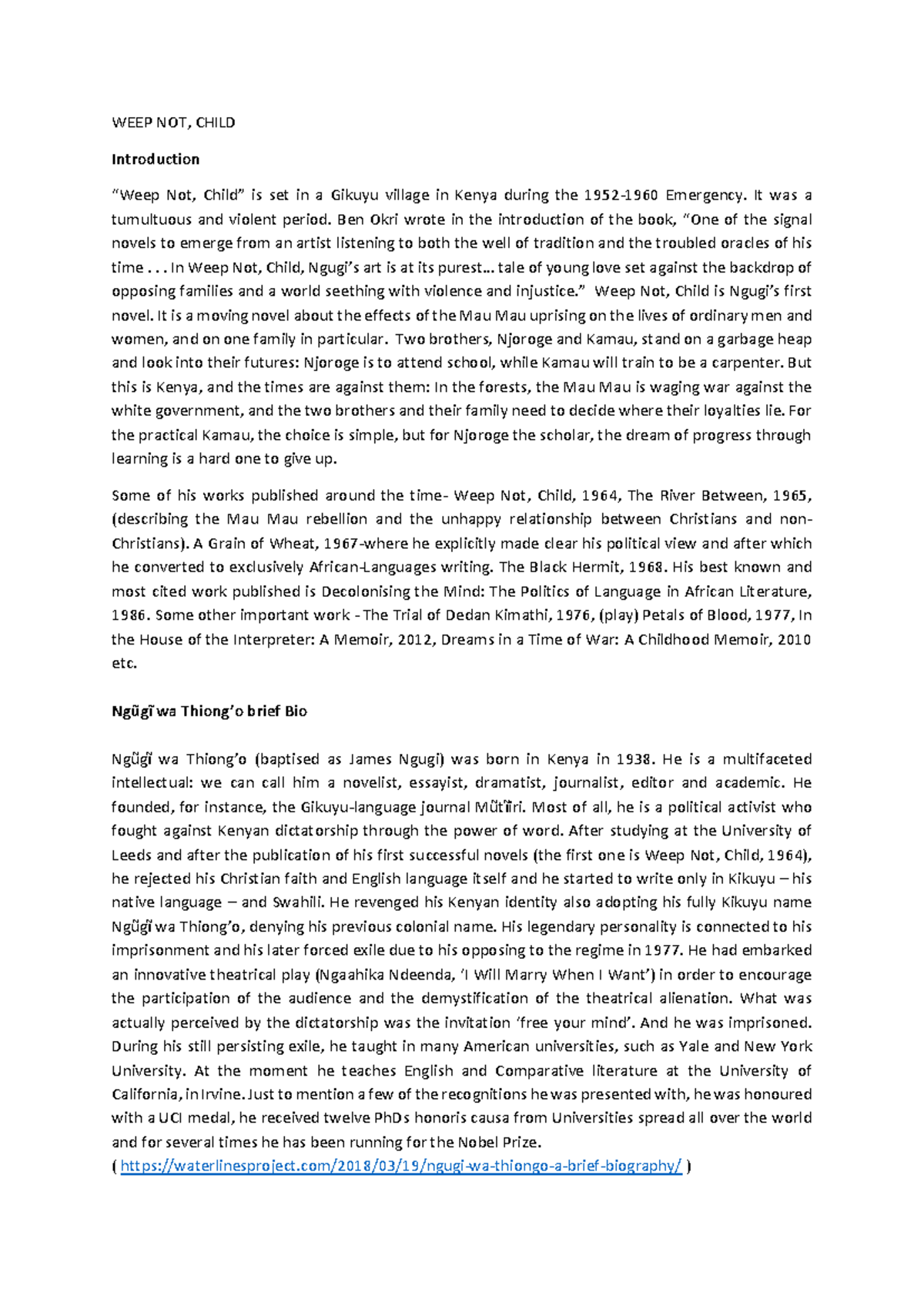 Weep Not, Child (ENG 101) Introduction and Historical Context Analysis ...