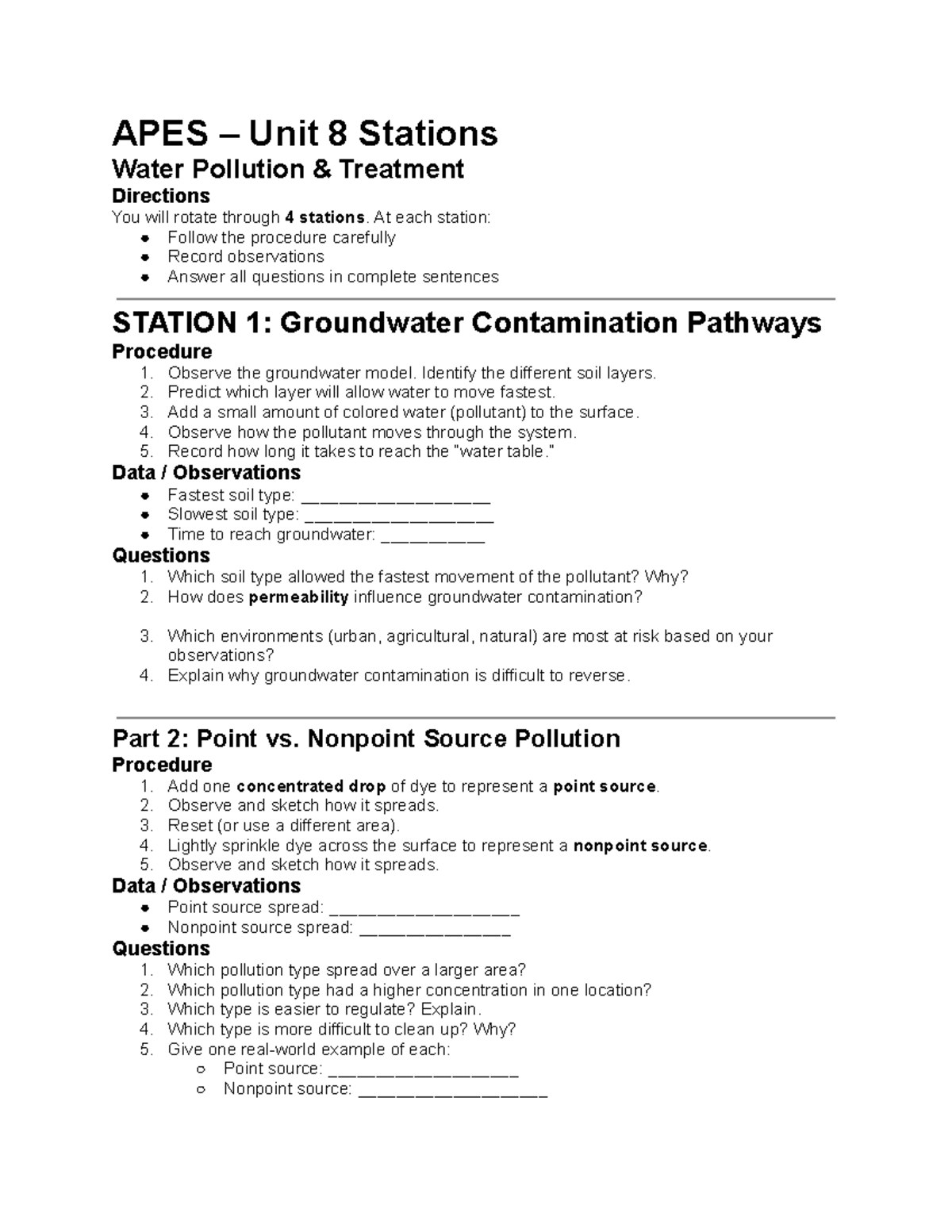 APES Unit 8 Stations: Water Pollution Treatment & Health Impacts - Studocu