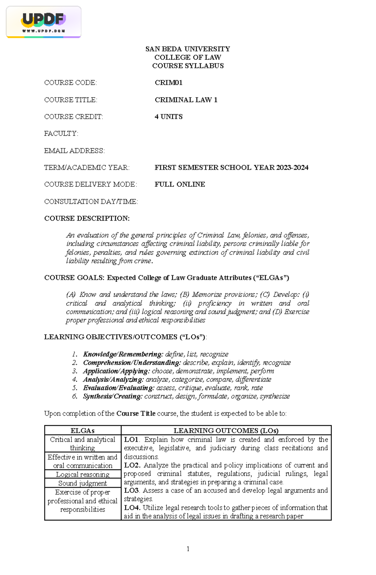 SBU - Updated Syllabus for CRIM 1: Criminal Law for AY 2023-2024 - Studocu