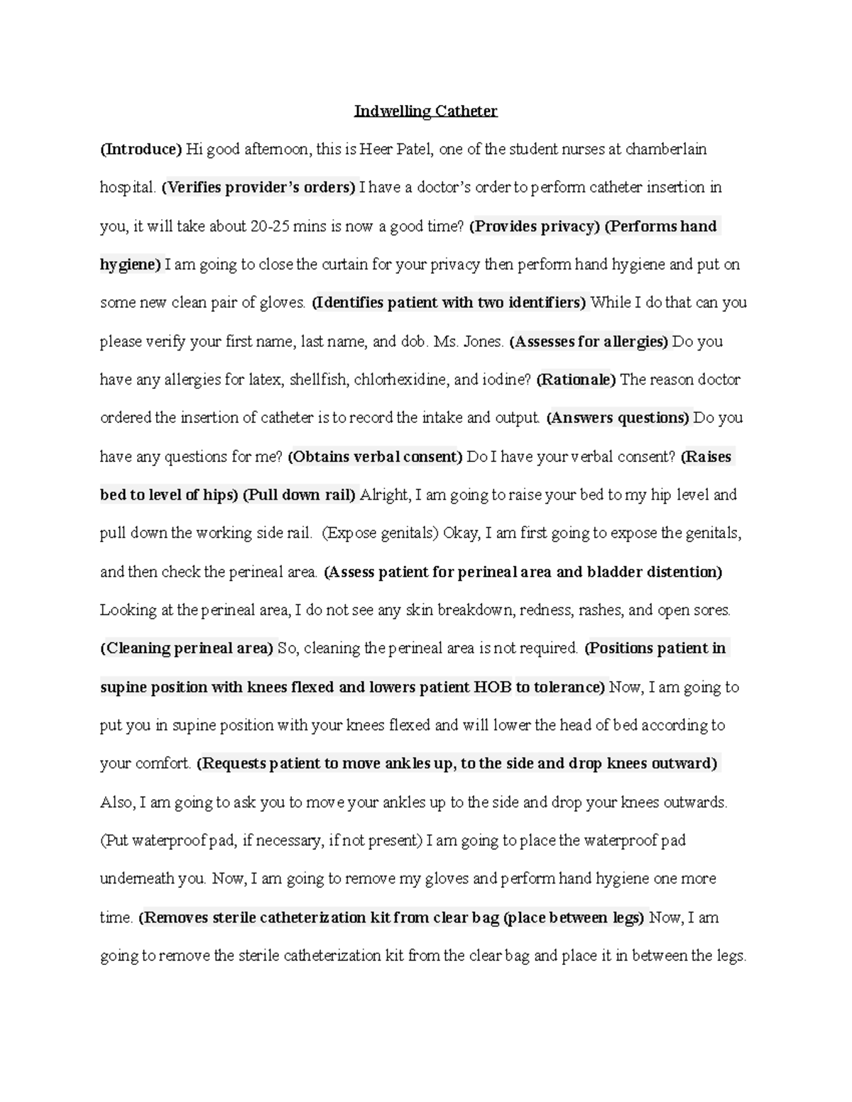 Indwelling Catheter Insertion Procedure Script for Student Nurses - Studocu