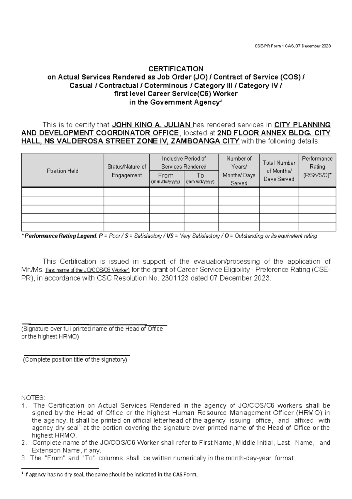 CSE-PR Form 1 Certification for JO/COS Workers - December 2023 - Studocu