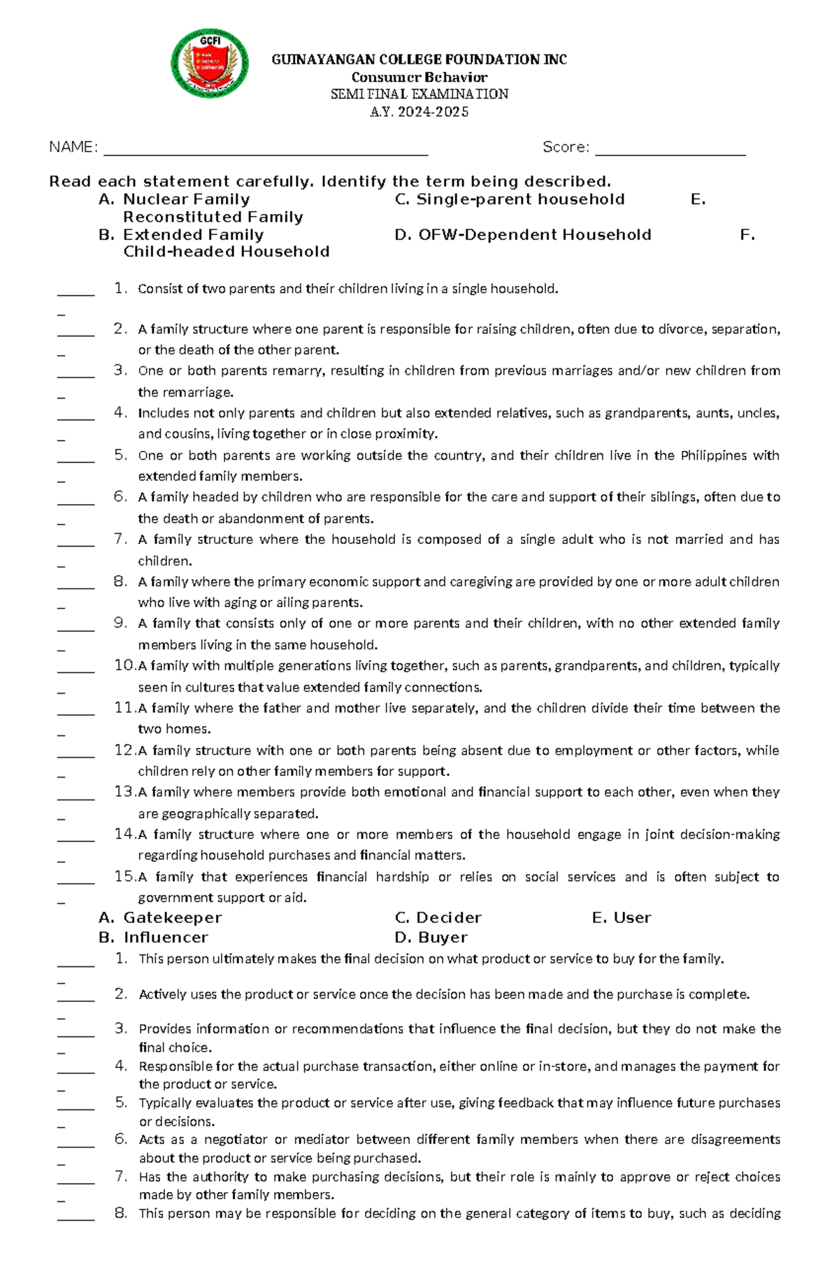 Consumer Behavior Semi Finals - GUINAYANGAN COLLEGE FOUNDATION INC ...