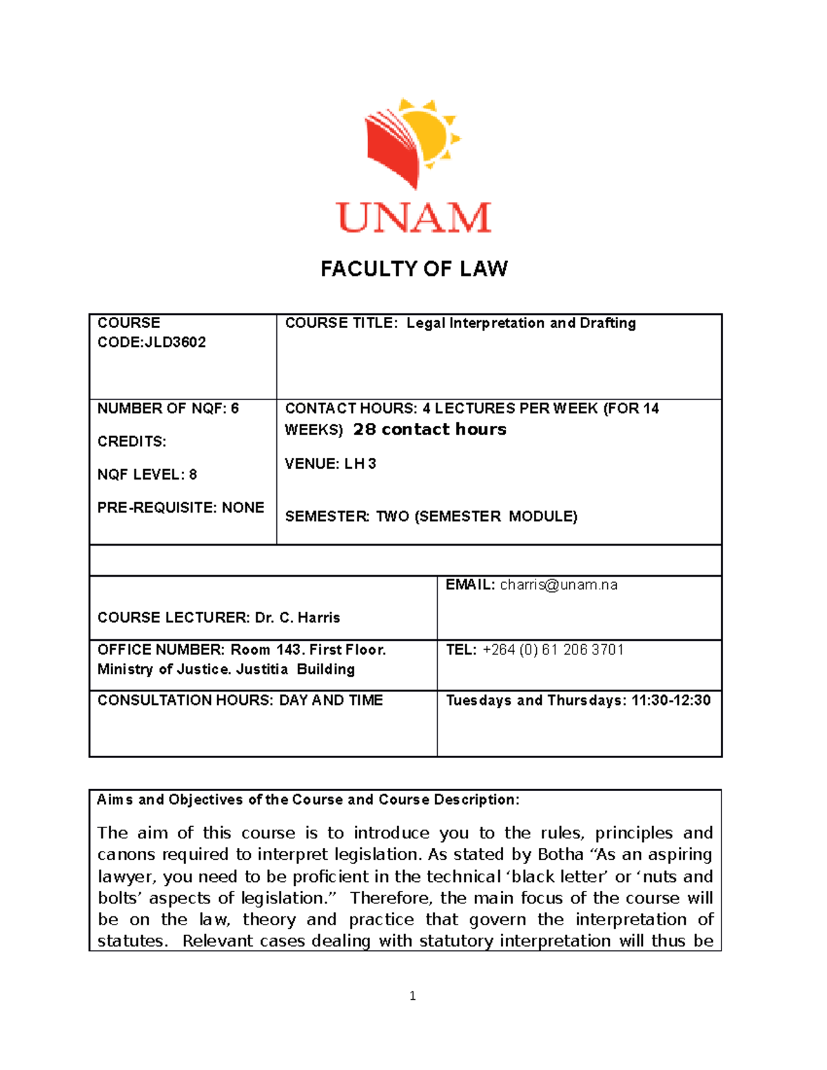 Course Outline for Legal Interpretation and drafting - FACULTY OF LAW ...