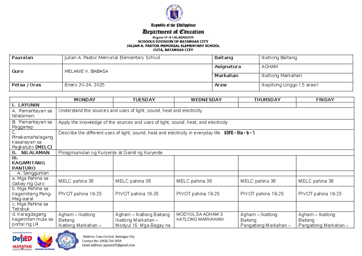 Q3 Agham WEEK 7 - Lesson Plan on Light, Sound, Heat, and Electricity ...