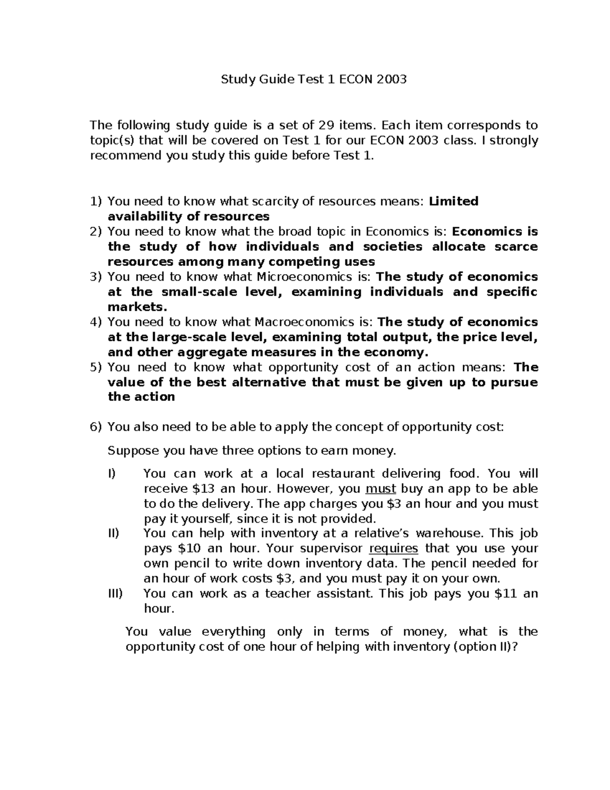 Study Guide for Test 1 - ECON 2003: Key Concepts & Applications - Studocu