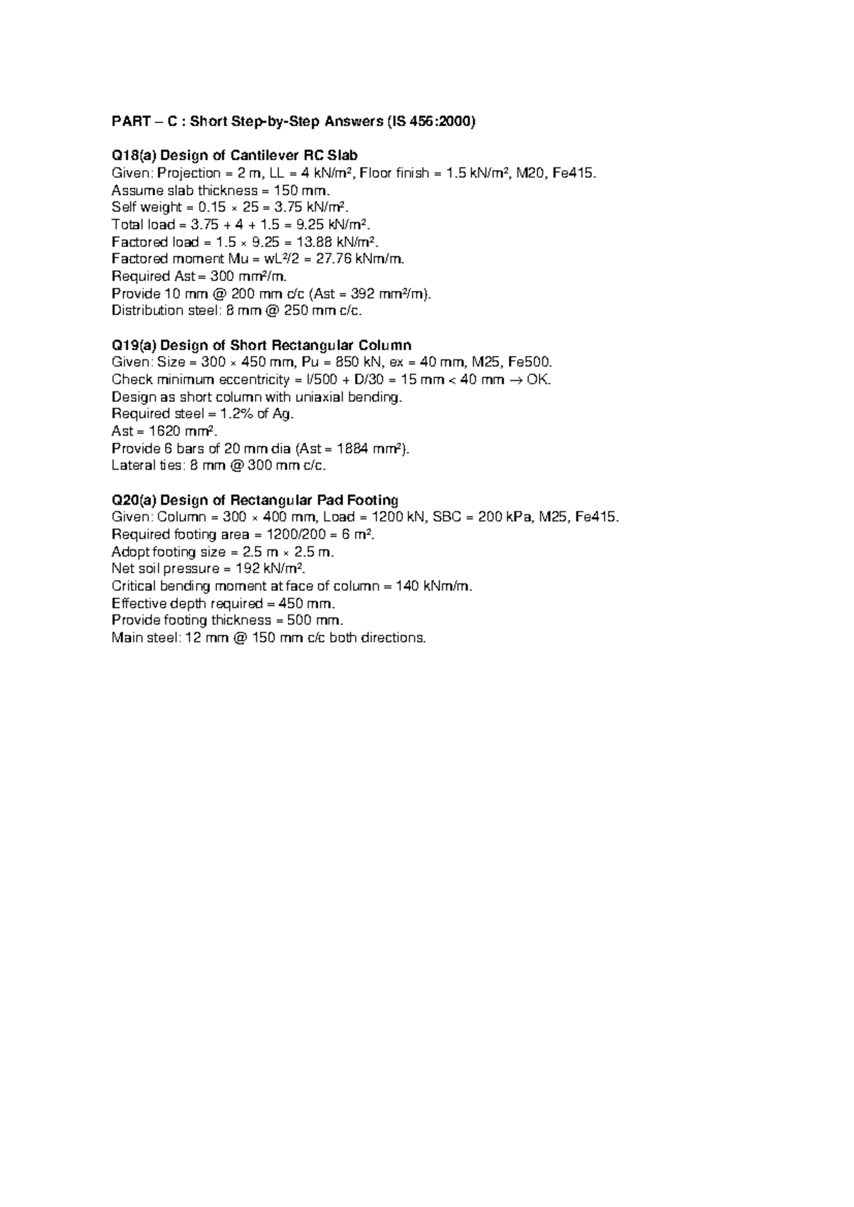 RC Design Part C: Short Answers for Q18 & Q20 - Studocu