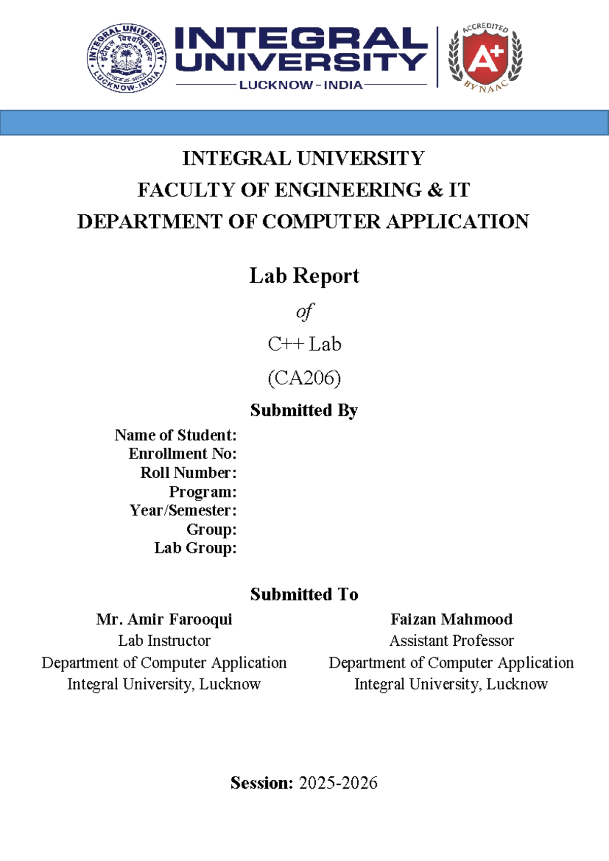 Lab-Front Page Format - Feww course - INTEGRAL UNIVERSITY FACULTY OF ...