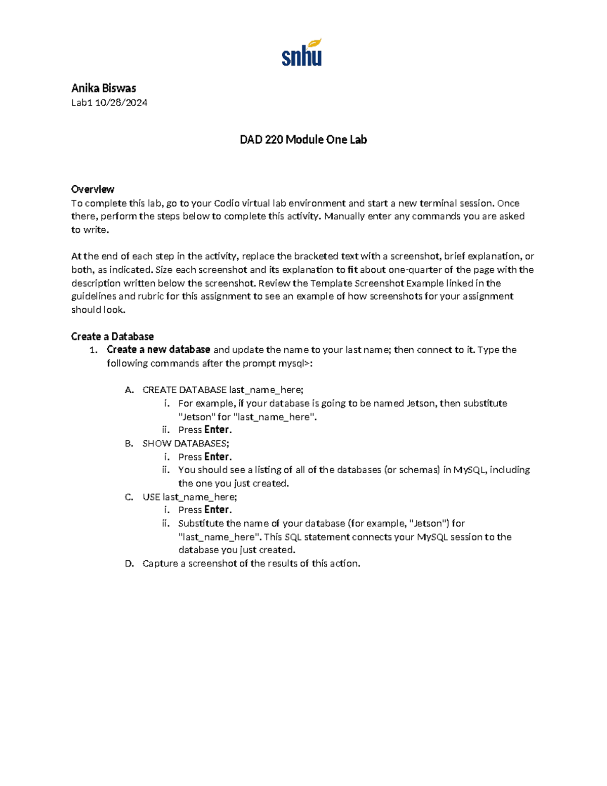 DAD 220 Module One Lab - Creating Databases and Tables - Studocu