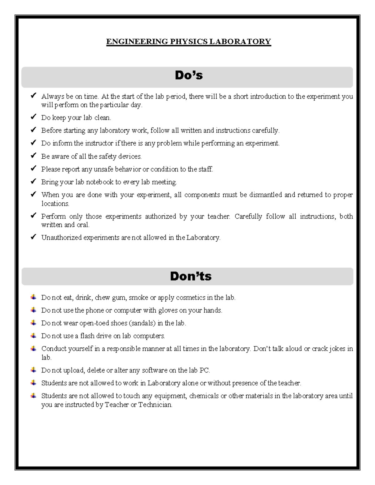 ENG PHYS 101: Essential Do’s and Don’ts for Lab Safety - Studocu