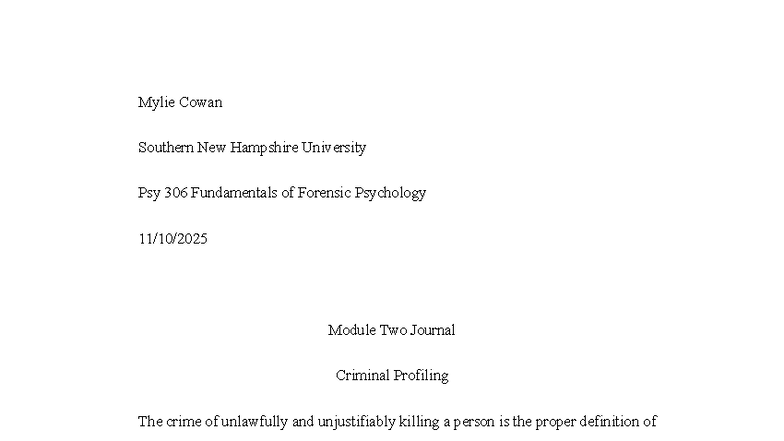Psy 306 Module 2 Journal: Insights on Criminal Profiling and Murder ...