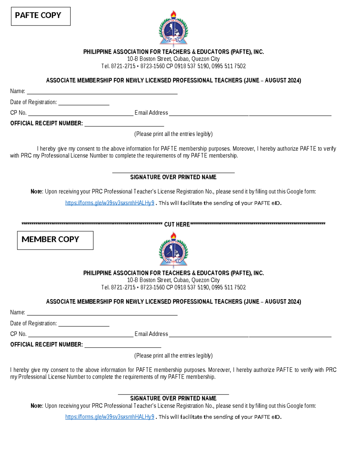 PAFTE Registration & Authorization Form for New LPT (June-Aug 2024 ...