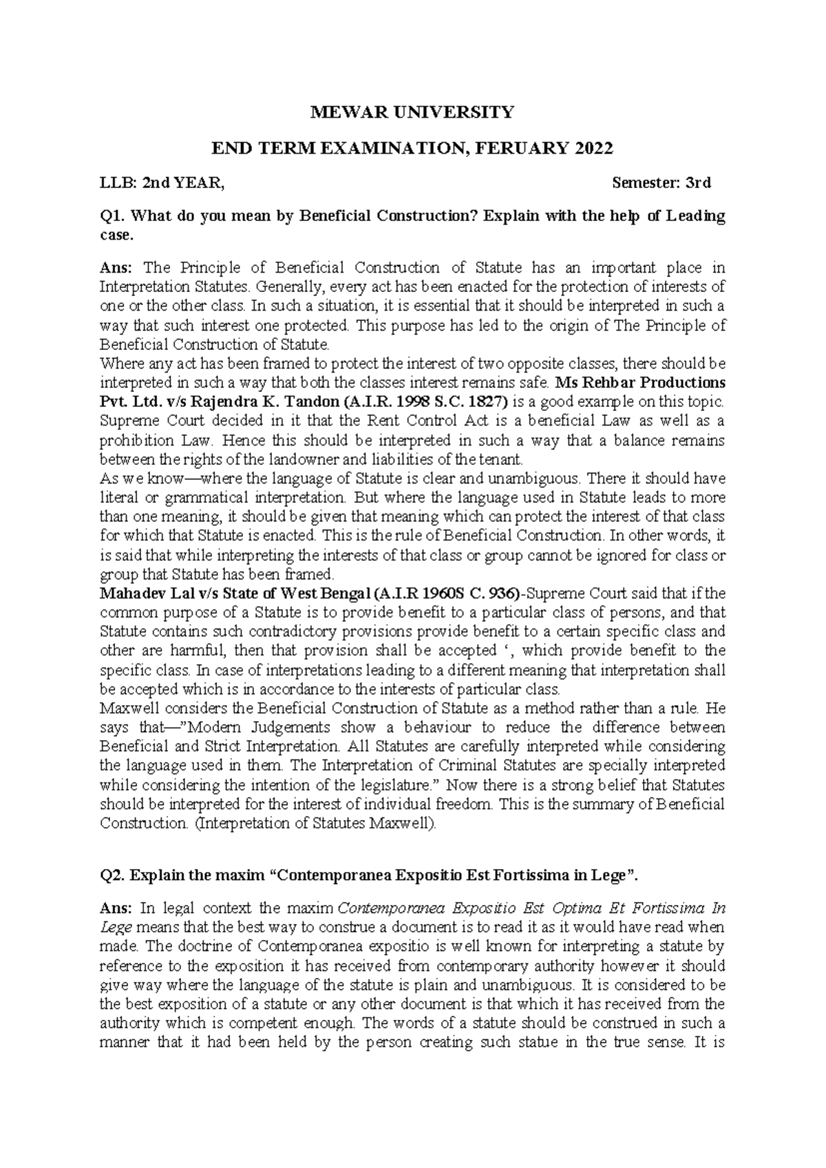 LLB 2nd Year, Sem 3: Beneficial Construction & Legal Interpretation ...
