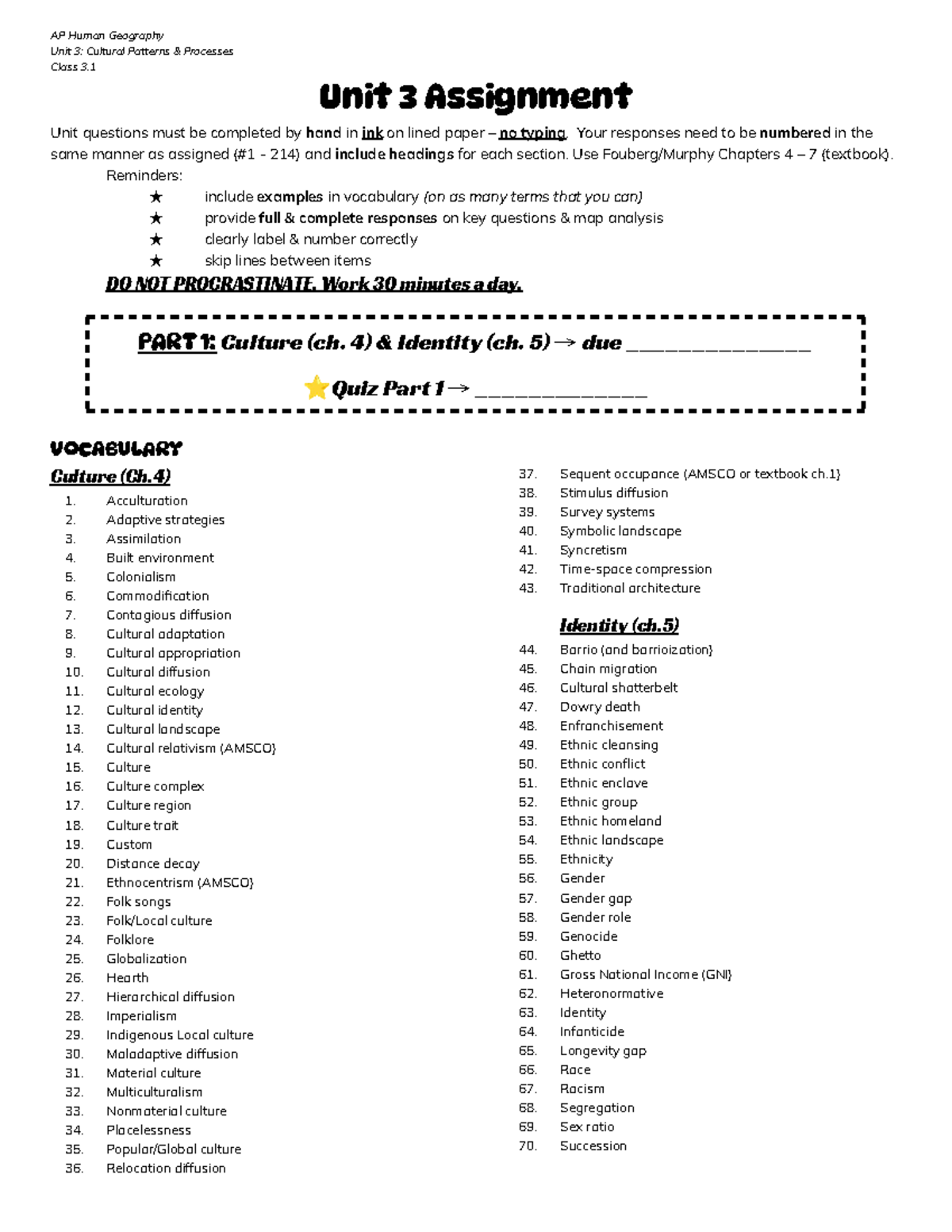 AP Human Geography 3.1 Unit 3 Assignment: Cultural Patterns & Processes ...