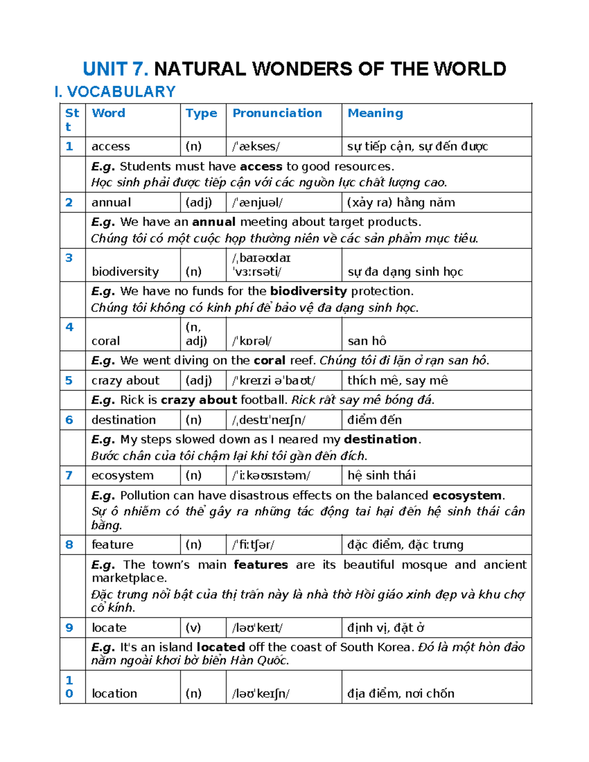 UNIT 7: NATURAL WONDERS OF THE WORLD - VOCABULARY & GRAMMAR EXERCISES ...