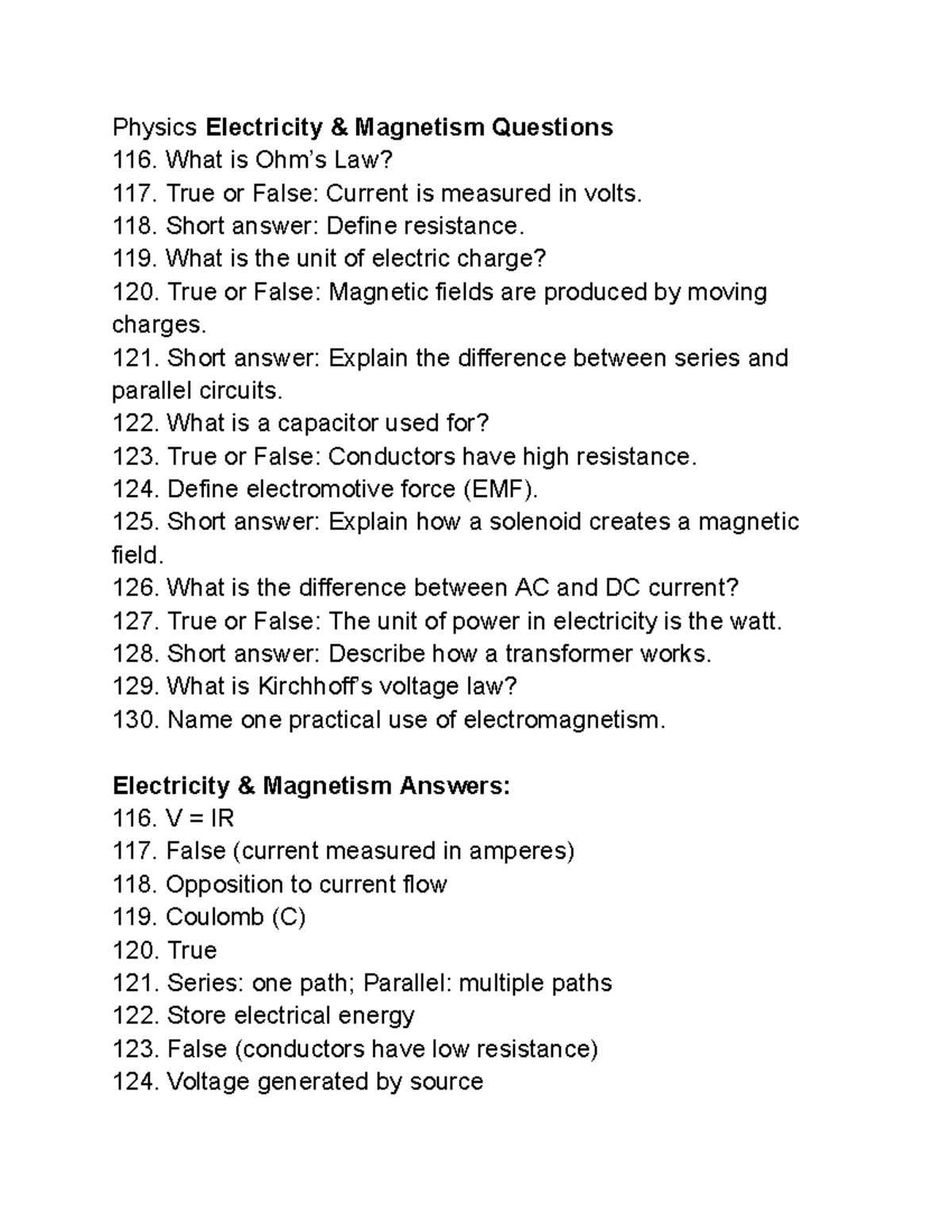 Physics Electricity & Magnetism Quiz Questions and Answers - Studocu