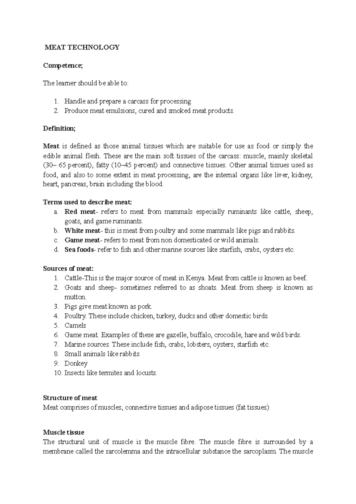 Meat Technology Course Notes: Essential Concepts and Procedures - Studocu