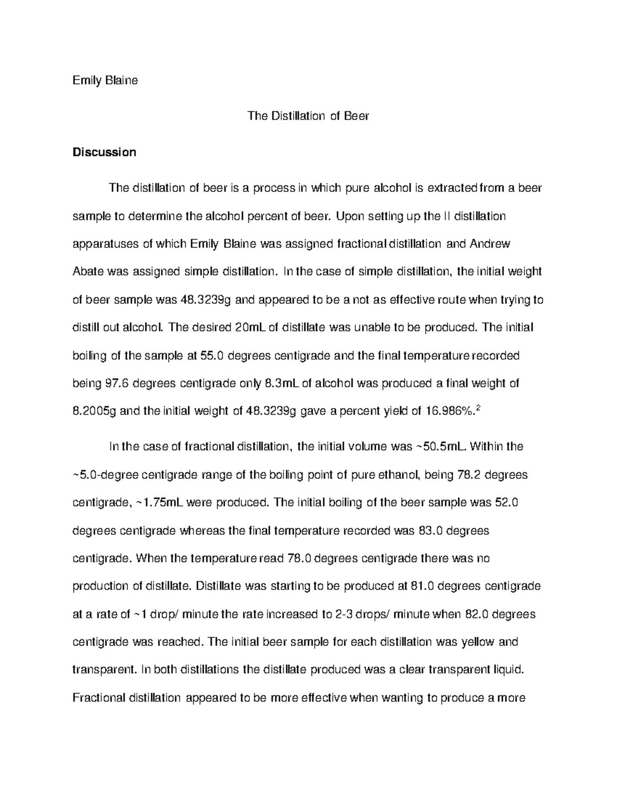 Distillation Lab Report L3 EB - Emily Blaine The Distillation of Beer ...
