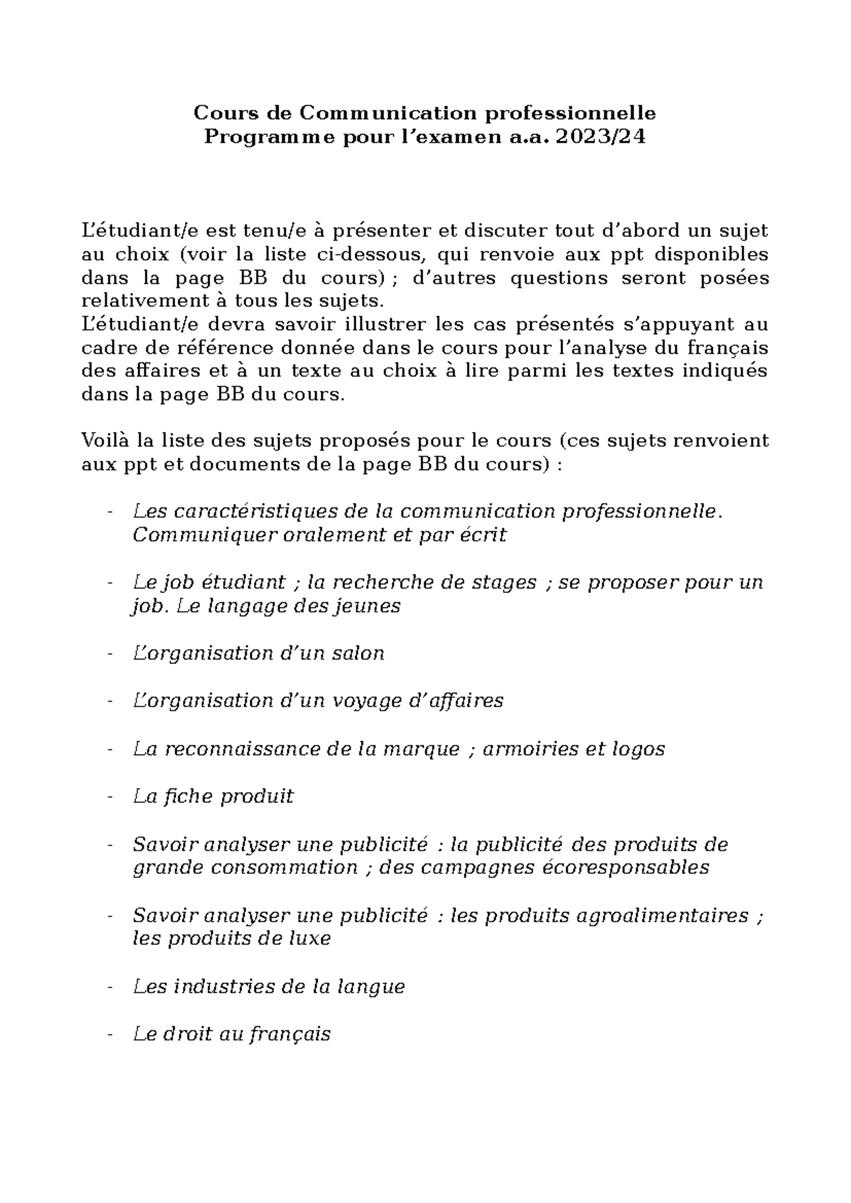 Programme Examen 2025 - Communication Professionnelle - Studocu