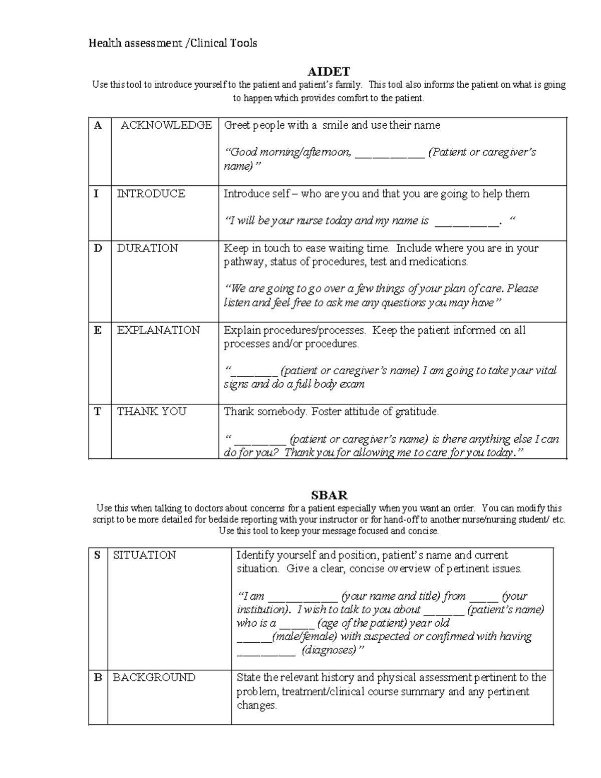 Health Assessment Tools: AIDET, SBAR, and SOAP Techniques - Studocu