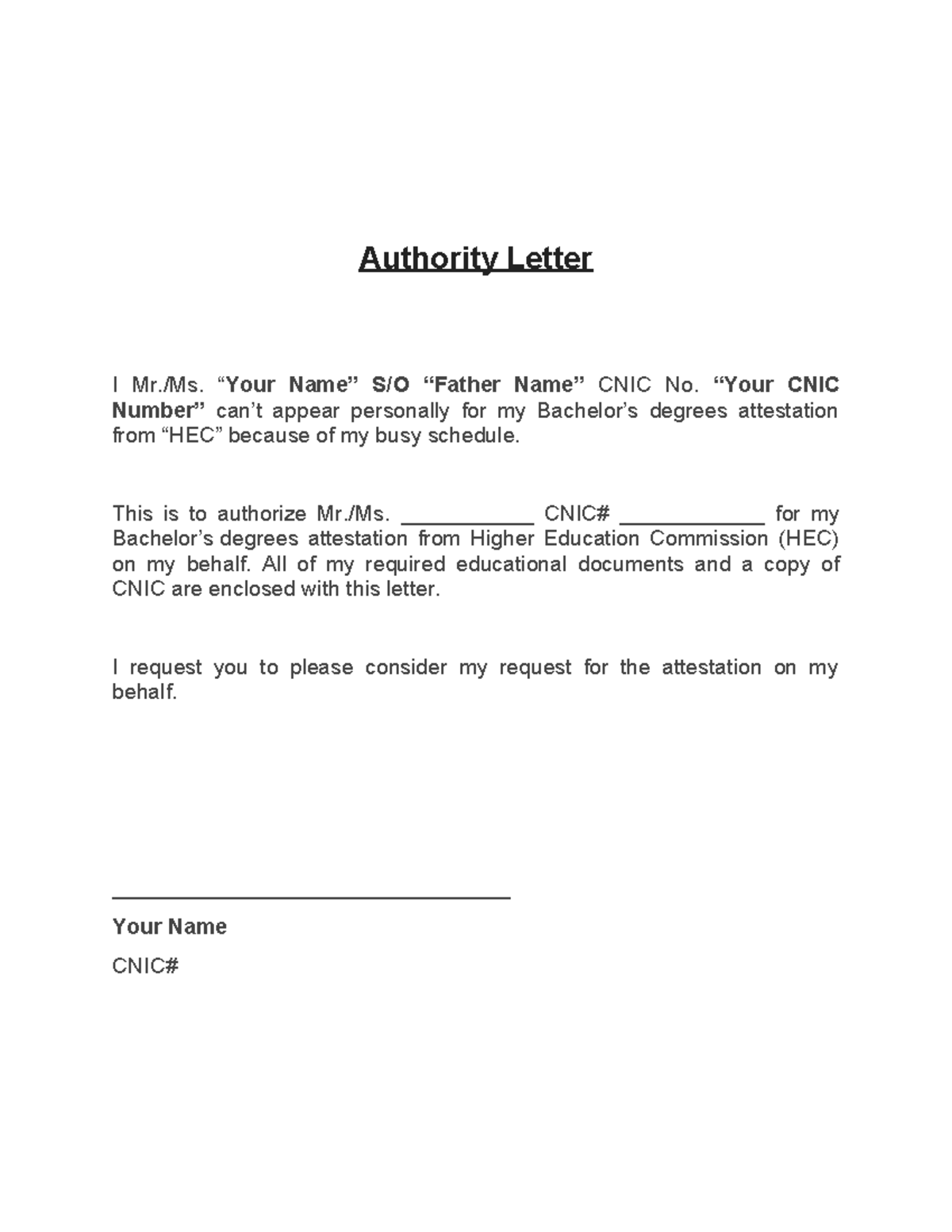 Authority-Letter-HEC - Authority Letter I Mr./Ms. “Your Name” S/O ...