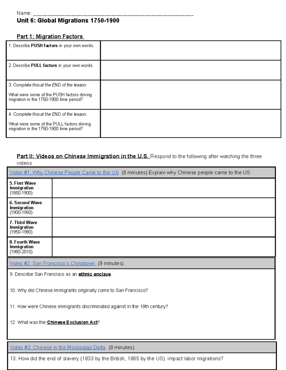 Unit 6: Global Migrations (1750-1900) - Migration Factors & Chinese ...