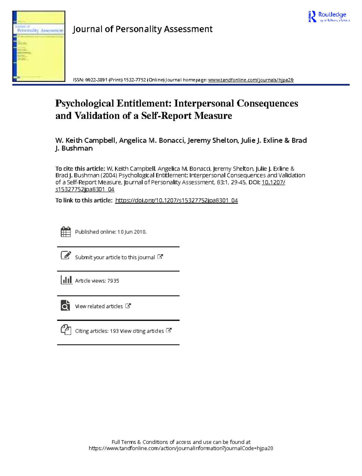 Psychological Entitlement: Interpersonal Effects & PES Validation Study ...