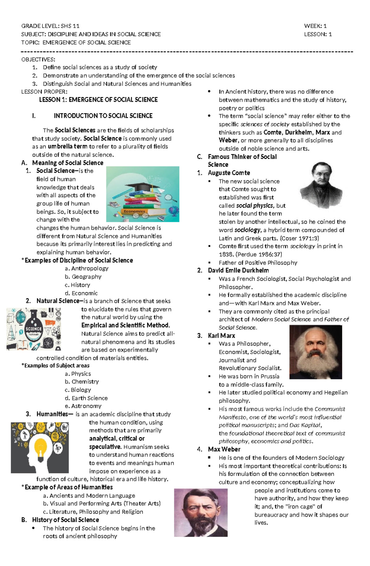 DISC 11: Emergence of Social Science - Concepts & Key Thinkers - Studocu