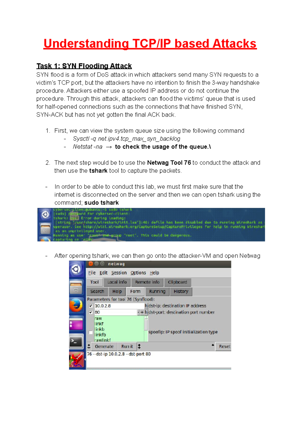 Cybersecurity Lab 5 - Week 6: Understanding TCP/IP Attacks - Studocu