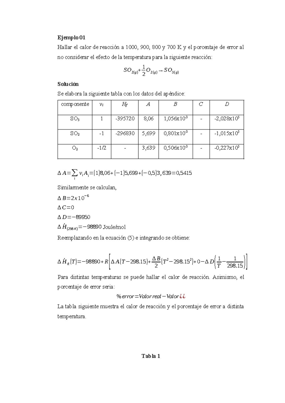 Ejercicio 1 - Cálculo del Calor de Reacción y Porcentaje de Error a ...
