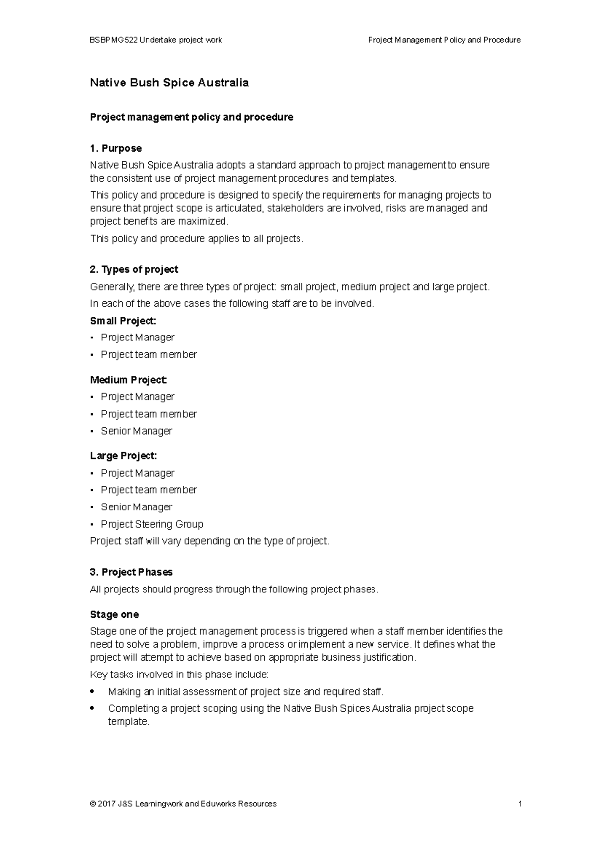 Project Management Policy and Procedure - BSBPMG522 Undertake project ...