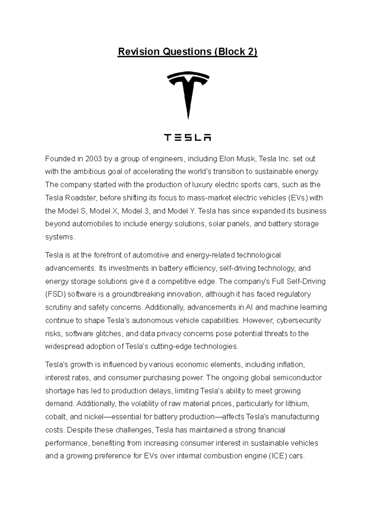 Revision Questions (Block 2): Tesla's Competitive Landscape ...