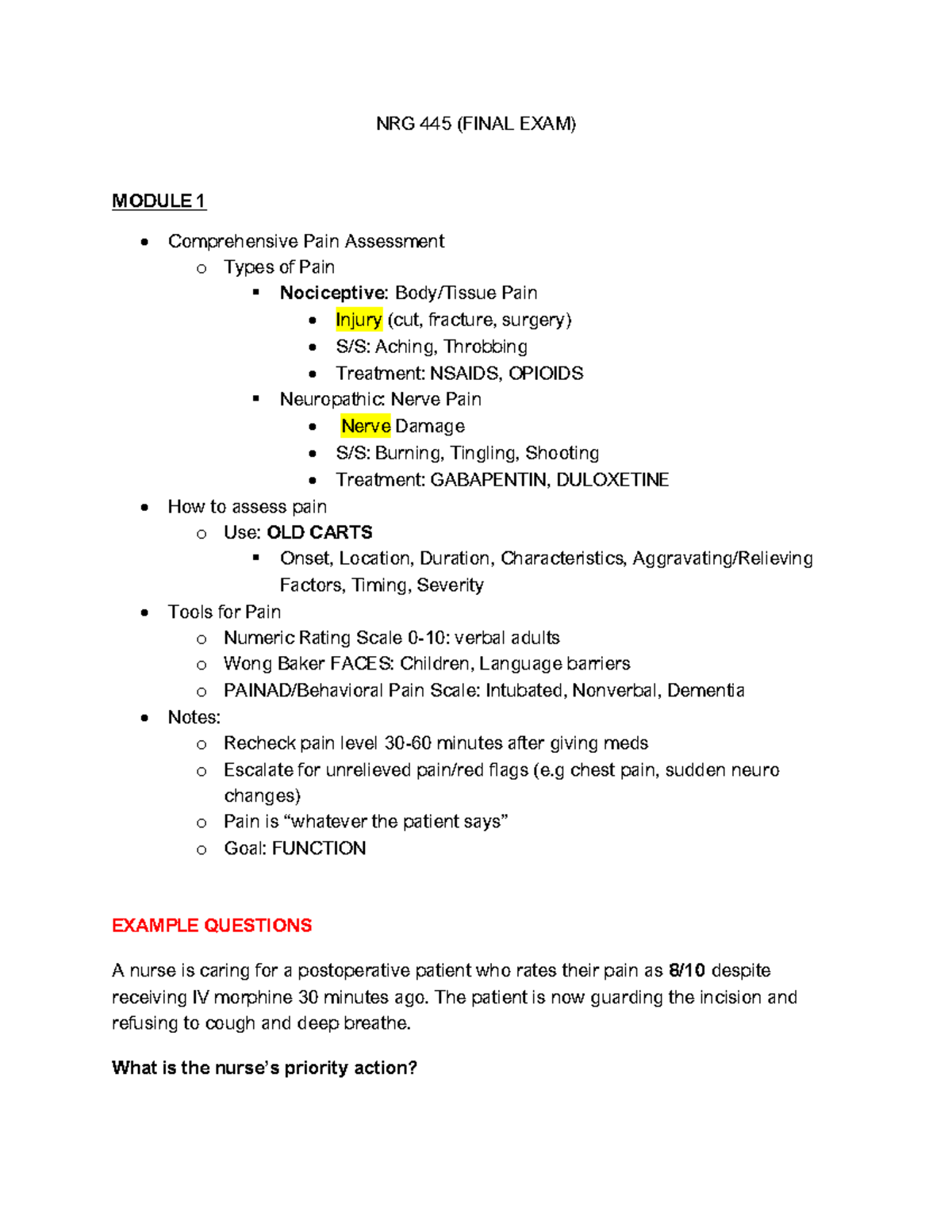 NRG 445 (FINAL EXAM) Study Guide: Comprehensive Pain Assessment ...