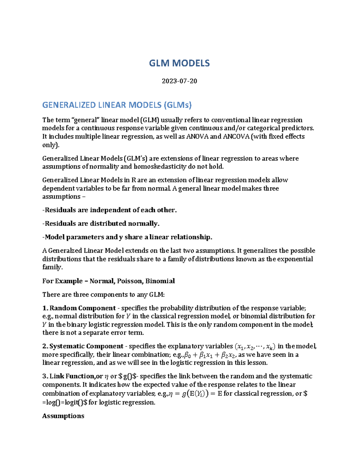 Generalized linear models (GLM) overview and applications - Studocu