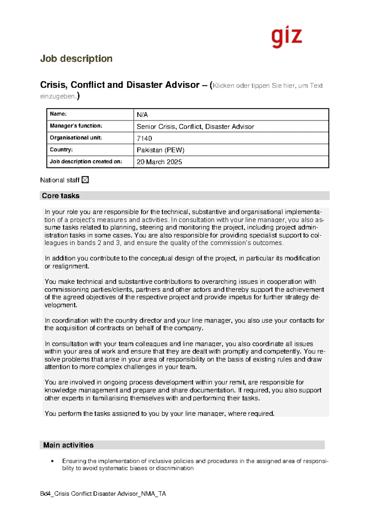 7453554 Bd4 Crisis Conflict Disaster Advisor PEW 016 - Job description ...